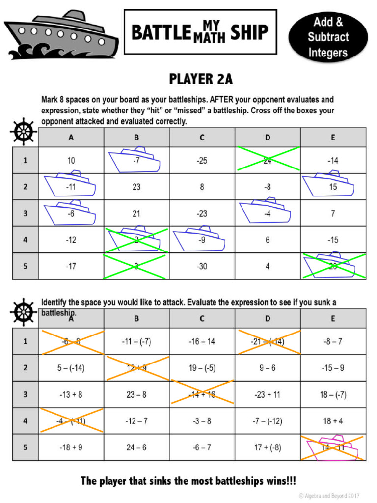 Partner 2A - Battleship Adding and Subtracting Integers | PDF