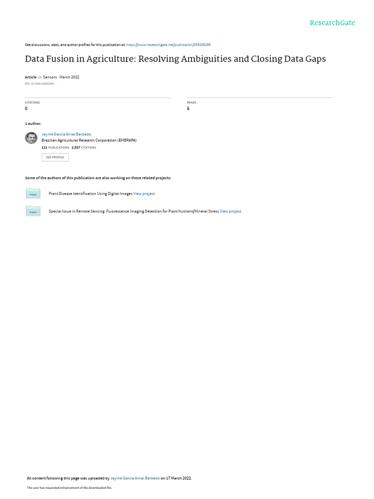 Data Fusion in Agriculture Resolving Ambiguities and Closing Data Gaps | PDF