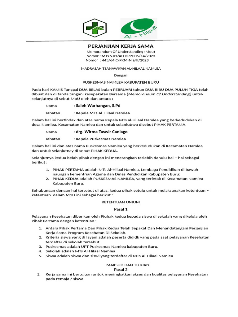 Mou Puskesmas Namlea Dengan Sekolah | PDF