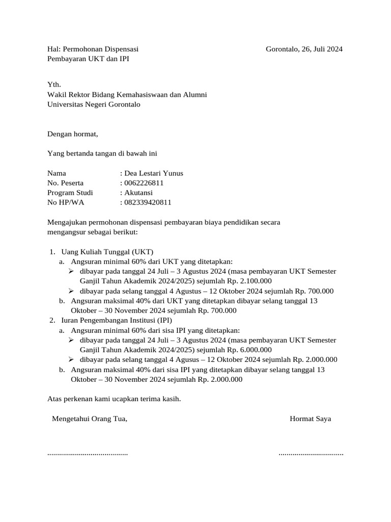 Surat Permohonan Angsuran UKT | PDF | Pengelolaan Keuangan & Uang ...