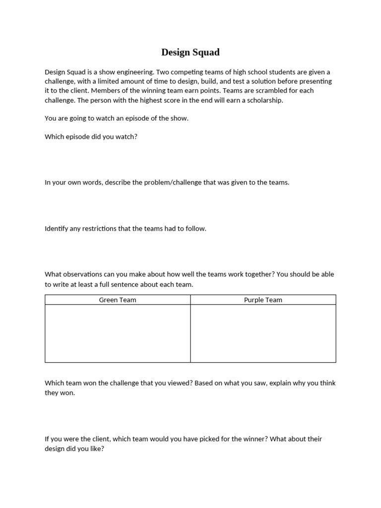 Design Squad Worksheet | PDF