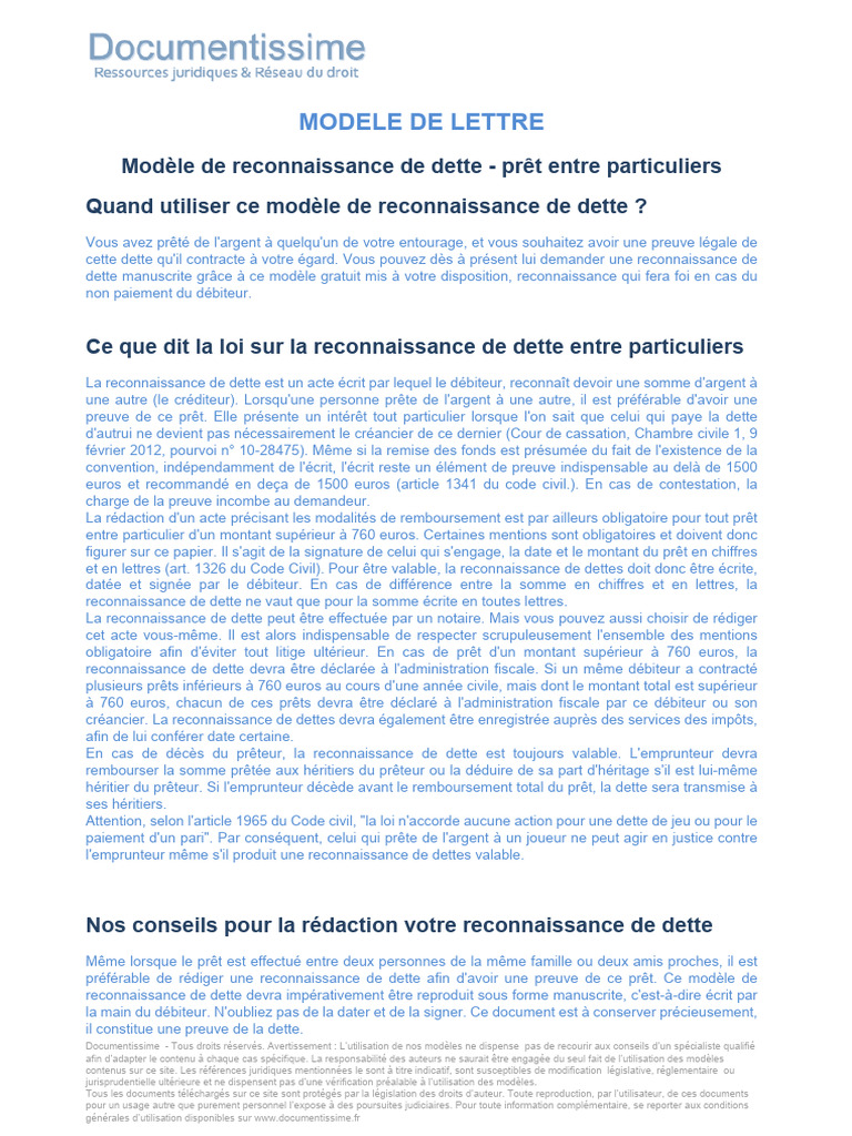 Modele de Reconnaissance de Dette Pret Entre Particuliers 2364 | PDF