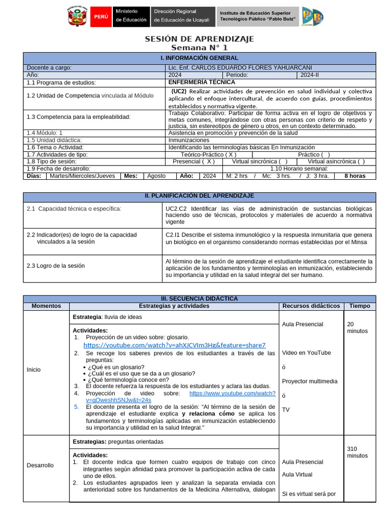 sesion de aprendizaje n° 1 - inmunizacion | PDF