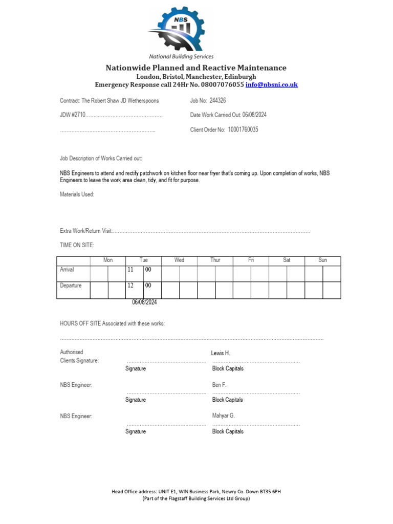 NBS Worksheet - PO 244326 | PDF