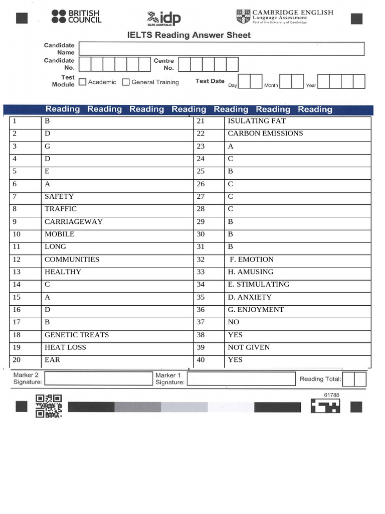 Reading Answer Sheet | PDF