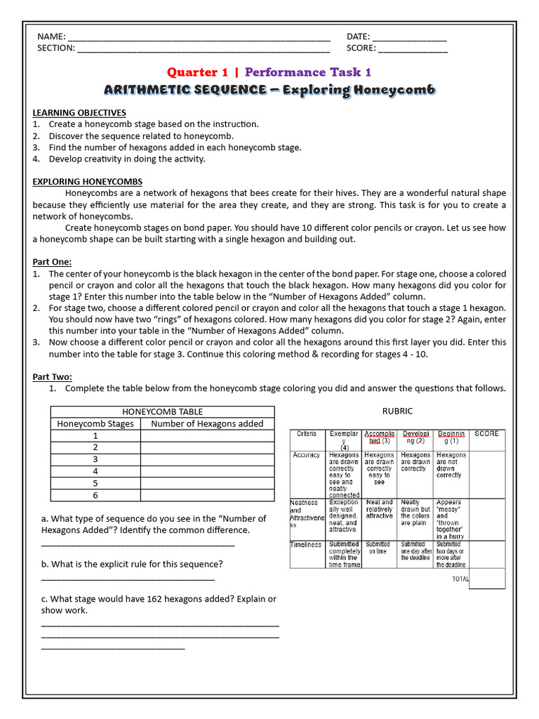 Performance Task 1 Arithmetic Sequence Honeycomb | PDF | Beekeeping | Teaching Methods & Materials