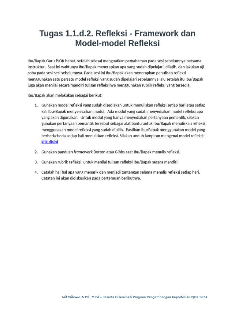 Tugas 1.1.d.2. Refleksi - Framework Dan Model-Model Refleksi Arif Wibowo | PDF