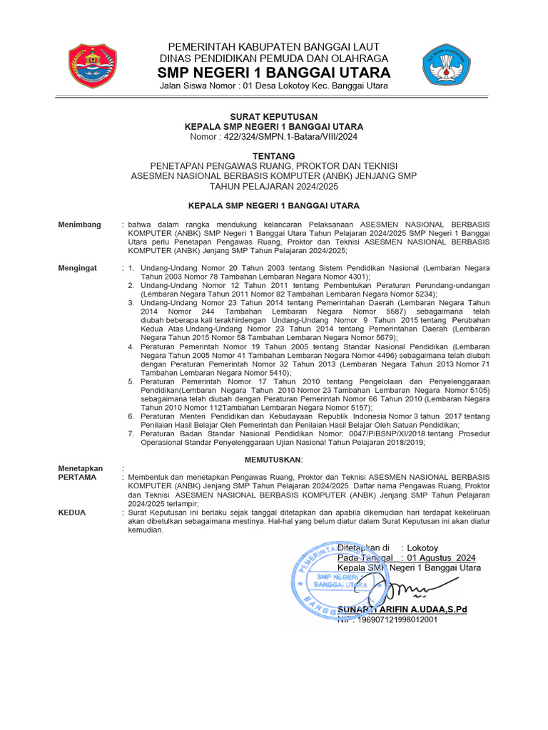 SK Proktor Dan Teknisi ANBK | PDF