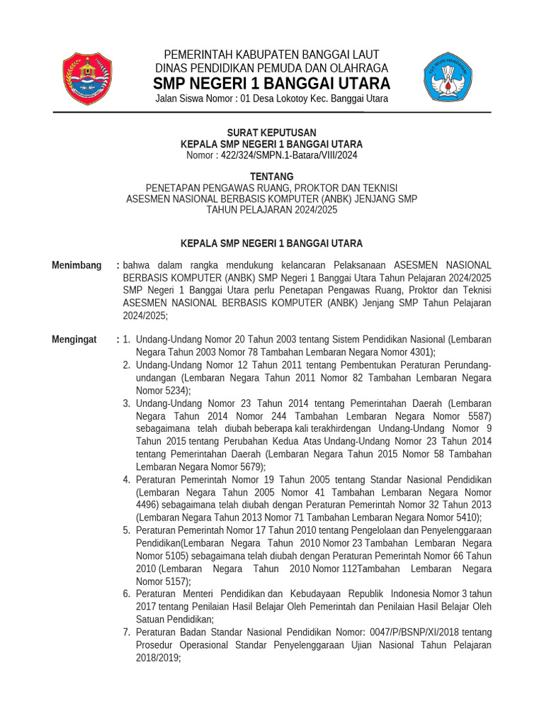 SK Pengawas Proktor Dan Teknisi ANBK | PDF