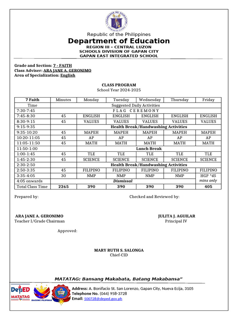Class Program JHS 2024 2025 FINAL | PDF
