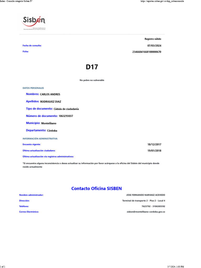 Sisben Carlos Rodriguez | PDF