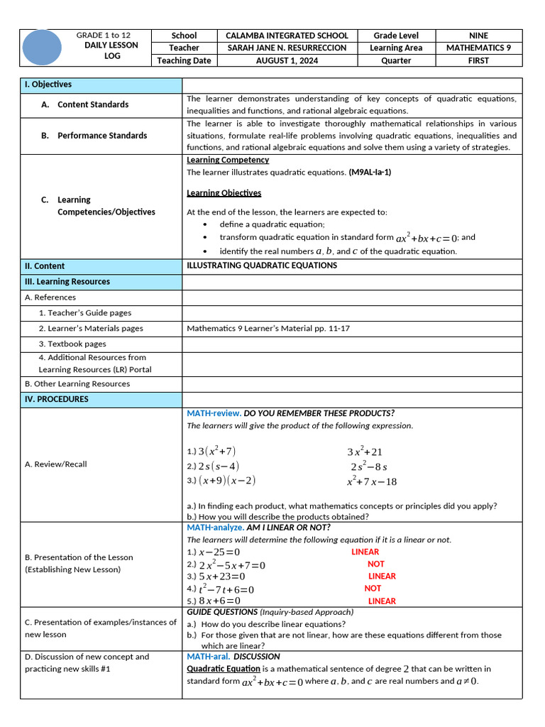 Aug1 DLL Illustrates Quadratic Equation | PDF | Equations | Learning