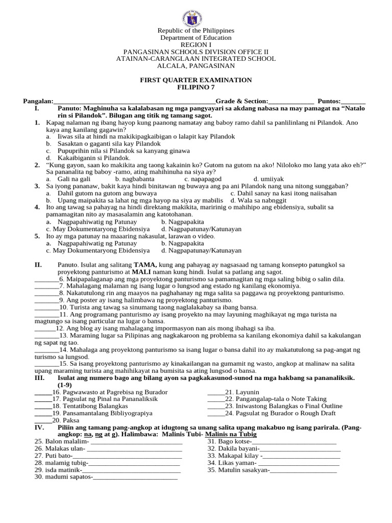 1st Quarter Exam- Filipino 7 | PDF