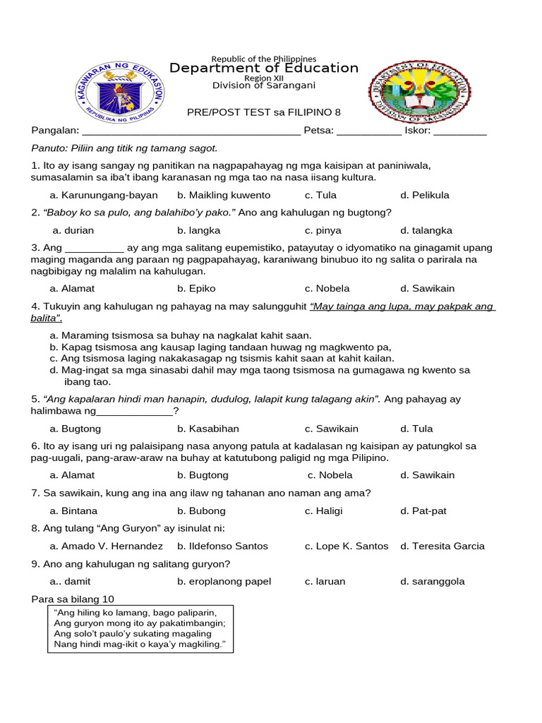 Filipino 8 Exam Guide | PDF | Philippines | Language Arts & Discipline