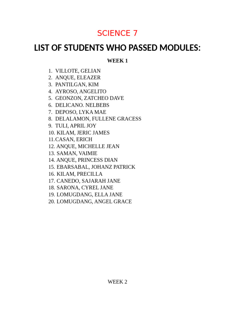 SCIENCE 7 LIST OF STUDENTS WHO PASSED MODULES | PDF