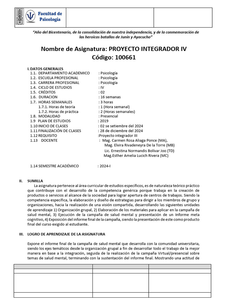 Silabo - Proyecto Iv | PDF