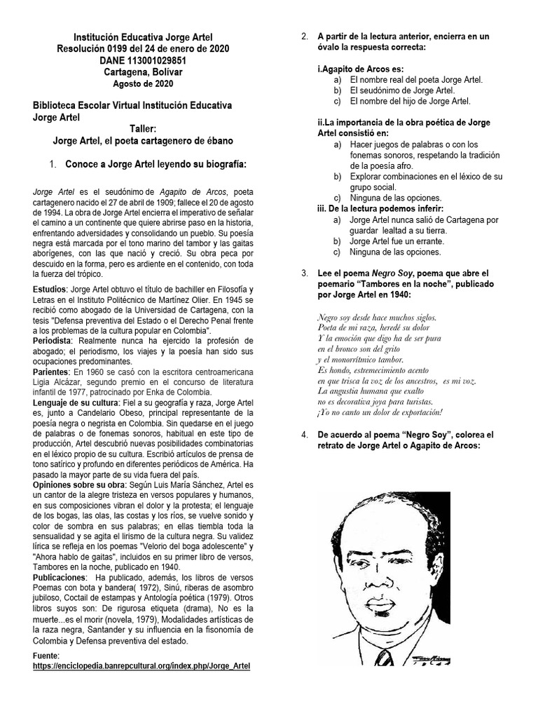 Taller. Poeta Jorge Artel. Biblioteca Escolar | PDF