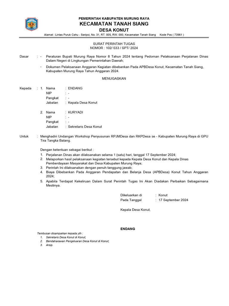 Surat Perintah Tugas Penyusunan RPJMDes Dan RKPDes Konut 17 September 2024 | PDF