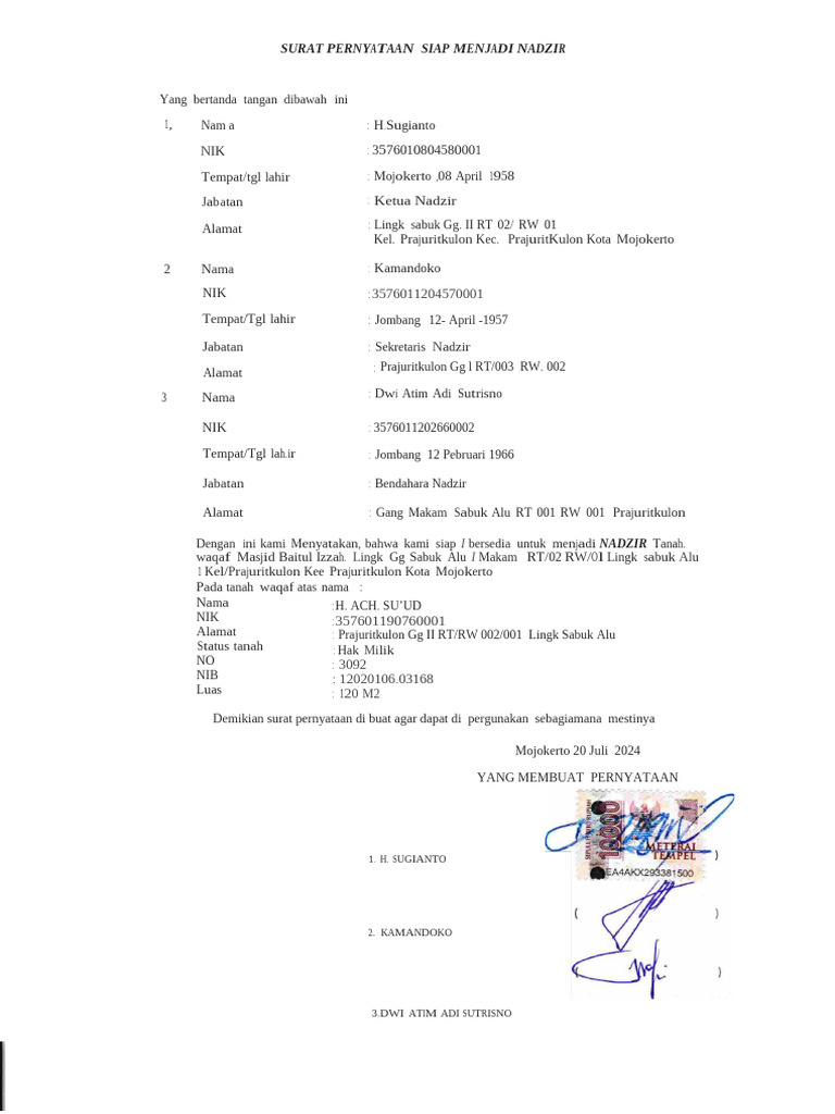 Surat Pernyaan Siap Menjadi Nadzir Docx Edit Pdf