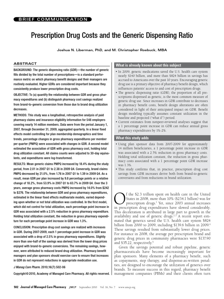 Liberman Roebuck 2015 Prescription Drug Costs and The Generic Dispensing Ratio | PDF ...