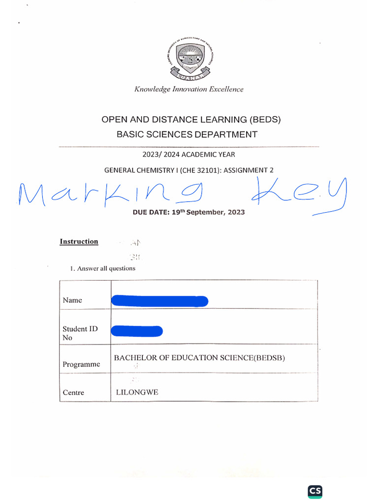 Che 32101 Assignment 2 - Marking Key | PDF