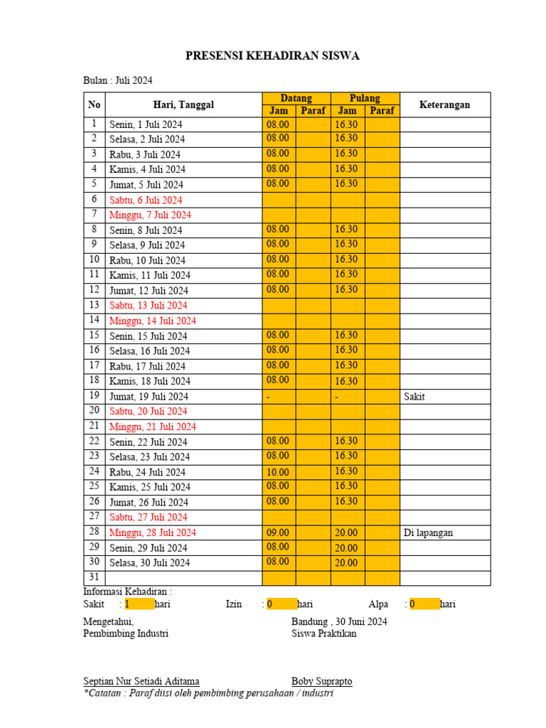 Contoh Pengisian 01 - PRESENSI SISWA | PDF