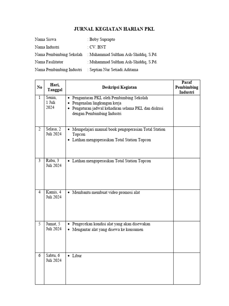 Contoh Pengisian 02 - JURNAL KEGIATAN HARIAN PKL | PDF | Karier ...