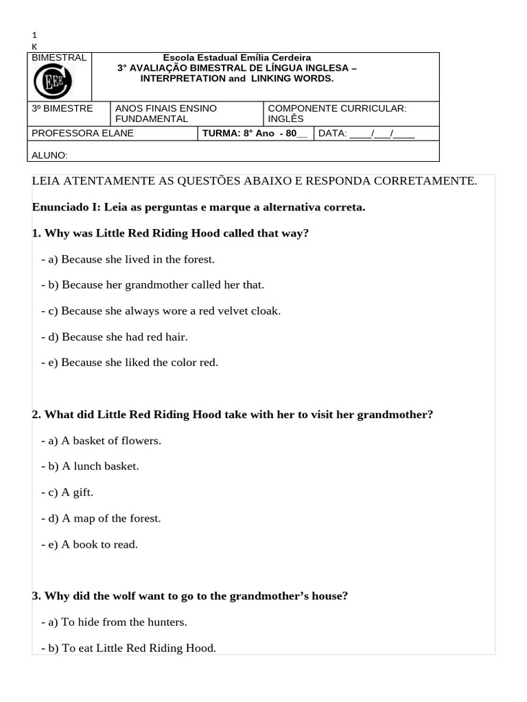 LRRH Atividades de Inglês No 3RD Bimester | PDF