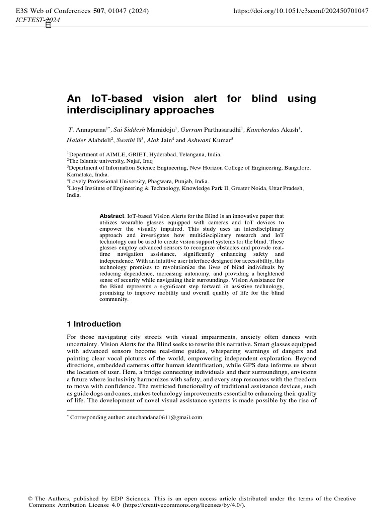 An Iot Based Vision Alert For Blind Using Pdf