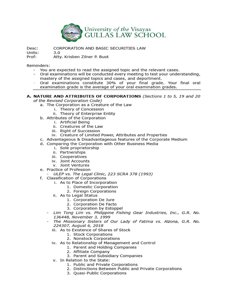 Corpo Law AY24 25 Syllabus Case Assignment | PDF