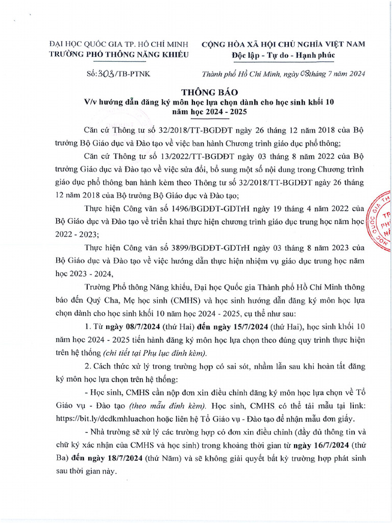 TB303 - 240807 - Huong Dan Dang Ky Mon Hoc Lua Chon Cho HS K10 2024 - 2025 | PDF