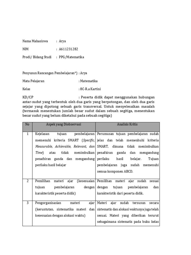 B4-4 LK 3 - Lembar Observasi Rancangan Dan Perangkat Pembelajaran - Siklus 1-Arya | PDF
