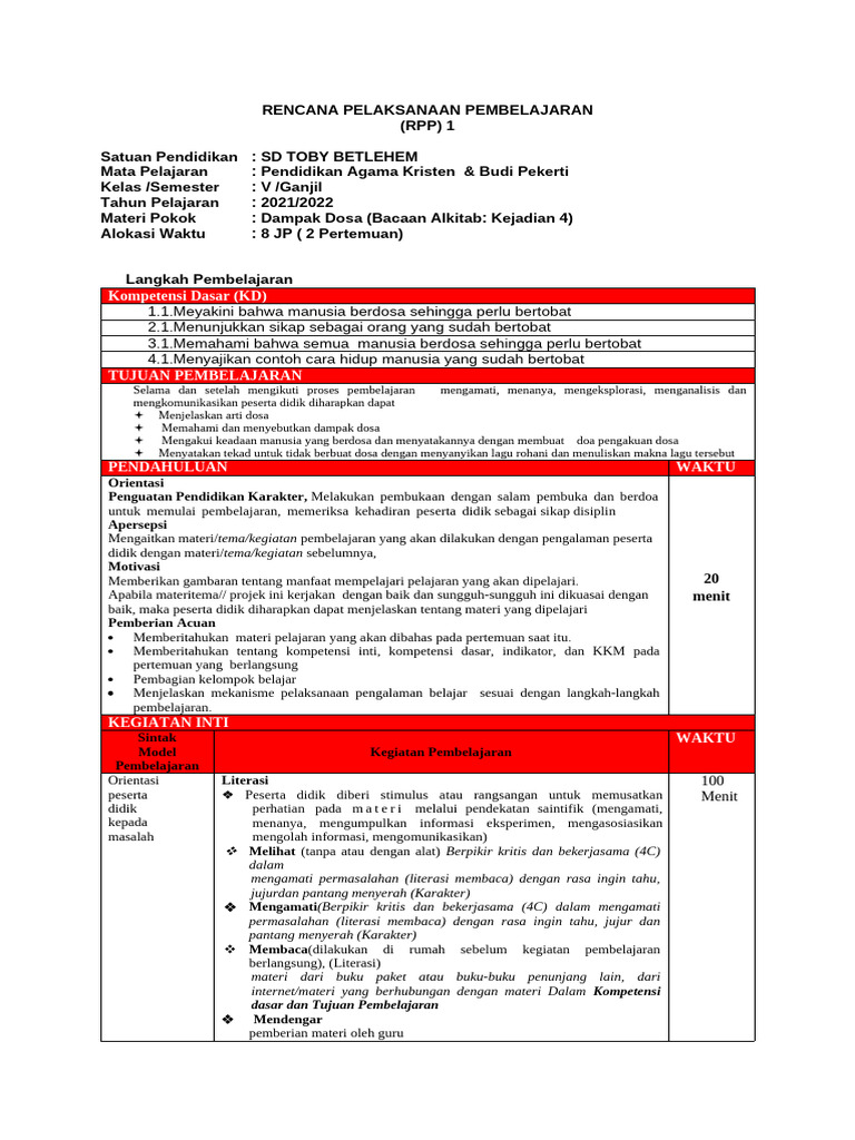 PERANGKAT+KELAS+5/RPP+SEMESTER+1/11 +RPP 1 b+Dampak+Dosa | PDF