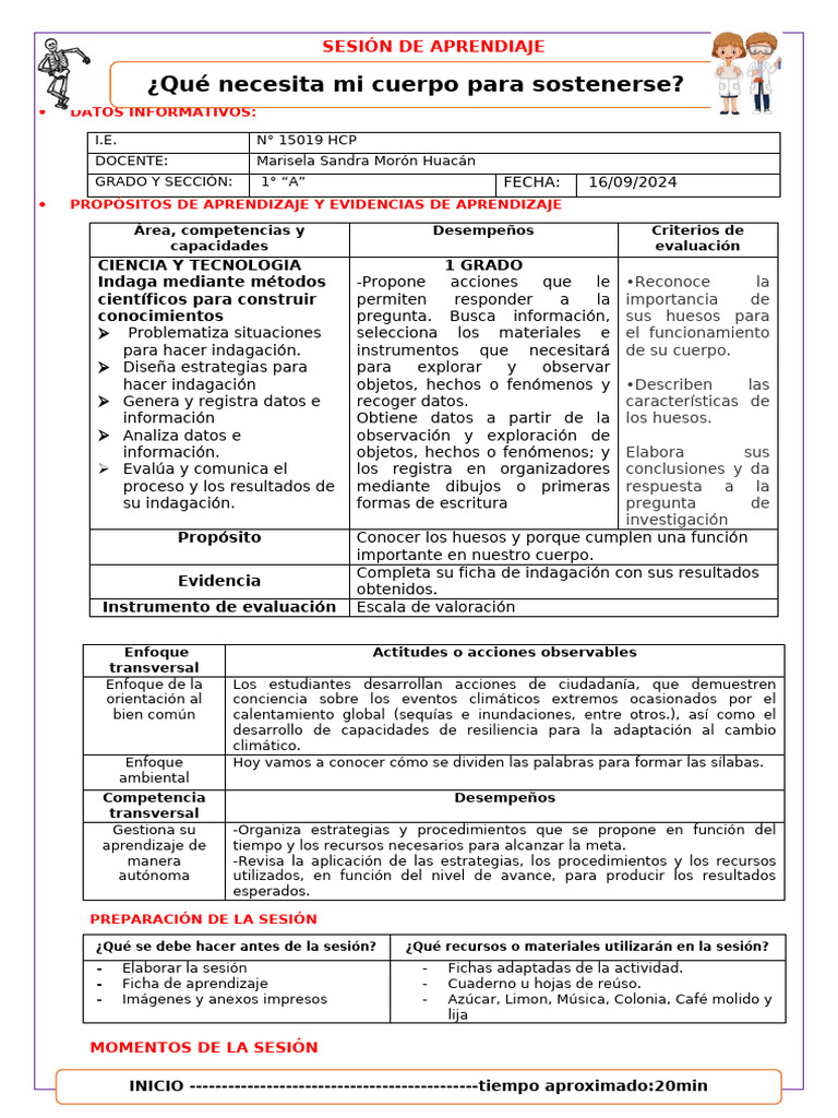 1º U3 s1 Sesion d3 CT Que Necesita Mi Cuerpo para Sostenerse Maestras de Primaria Del Peru | PDF