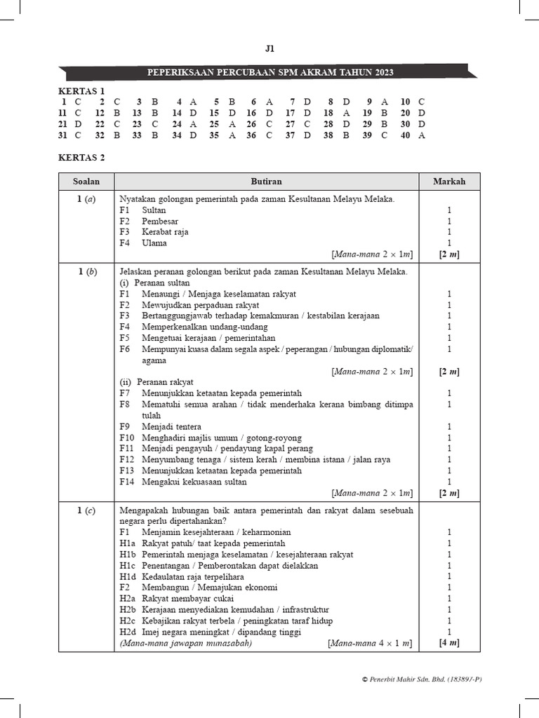 Skema Pemarkahan Kertas Percubaan SPM Terengganu AKRAM Sejarah | PDF