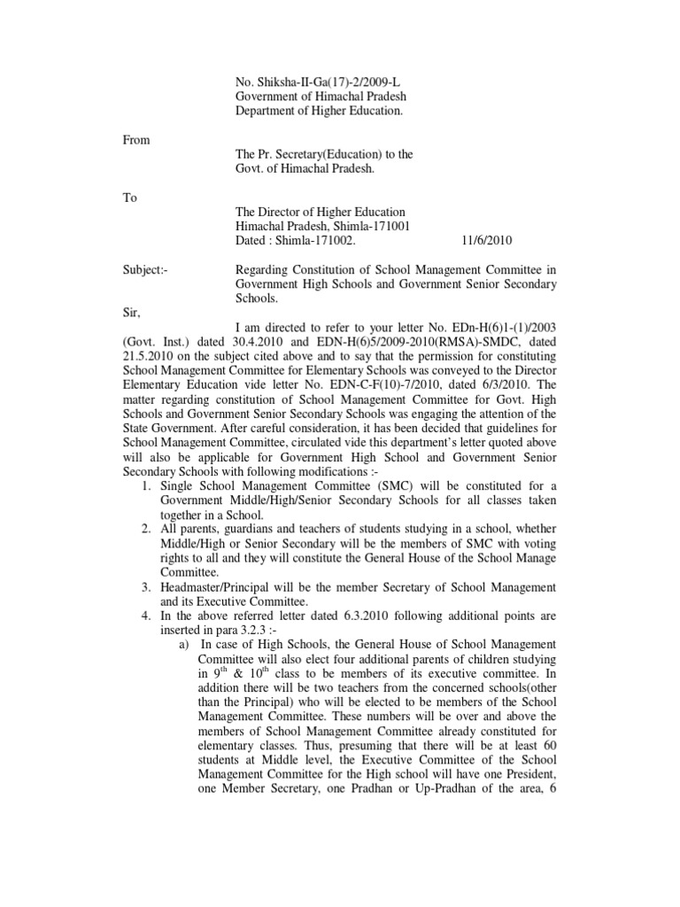 SMC Formation by Govt High Schools in HP A Direction by Edu Dept ...