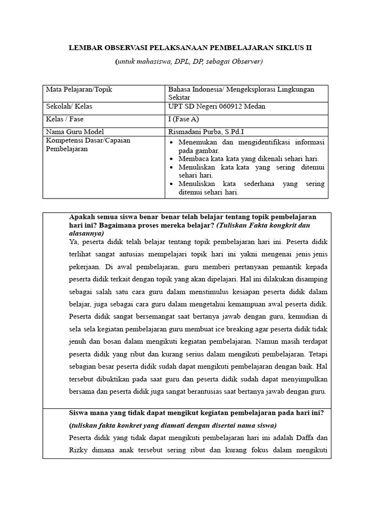 B4-10 Unggah LK 4 - Lembar Observasi Pembelajaran - Siklus II | PDF