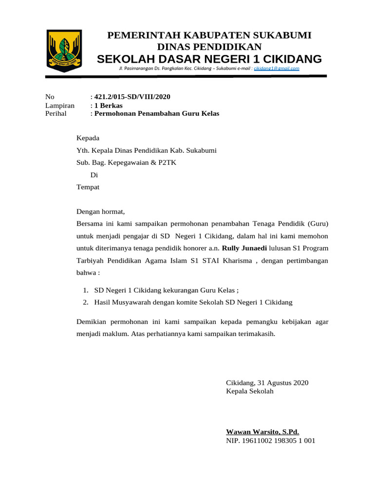 Surat Permohonan Tambah PTK Dapodik | PDF