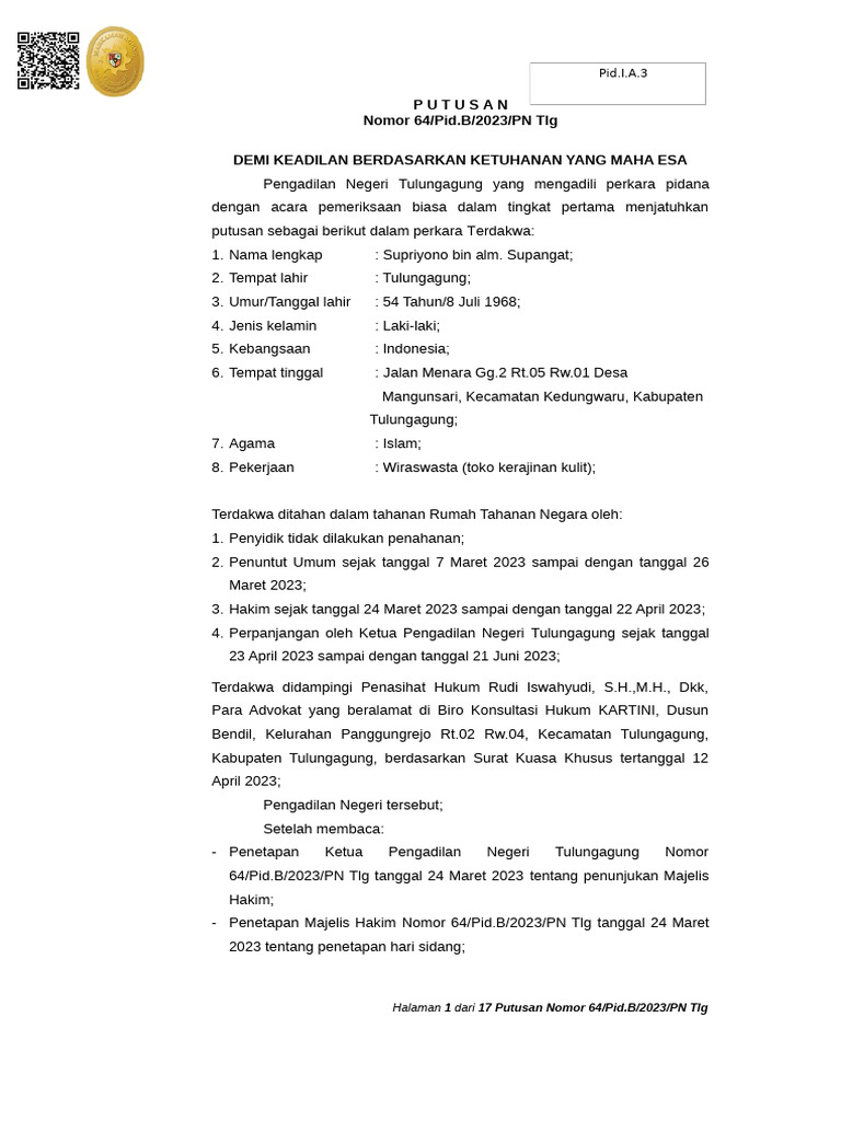 Putusan Penganiayaan No 64 Pidb | PDF
