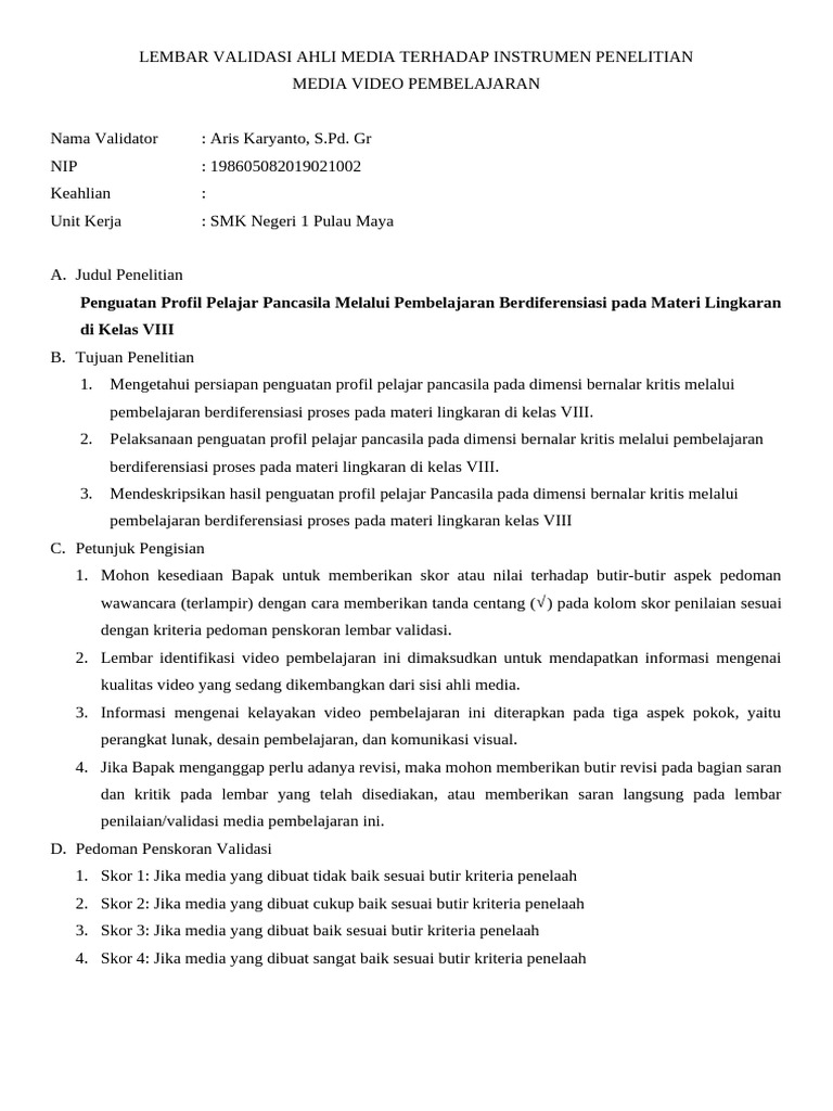 Lembar Validasi Ahli Media Terhadap Instrumen Penelitian Media Video ...
