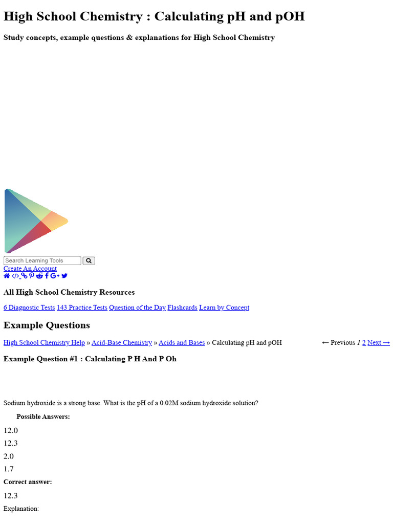 Calculating PH and POH - High School Chemistry | PDF