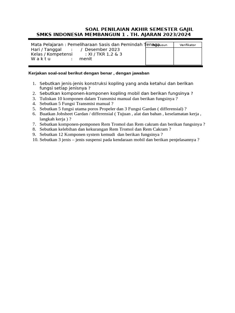 SOAL SASIS DAN PEMINDAH TENAGA KELAS XL | PDF