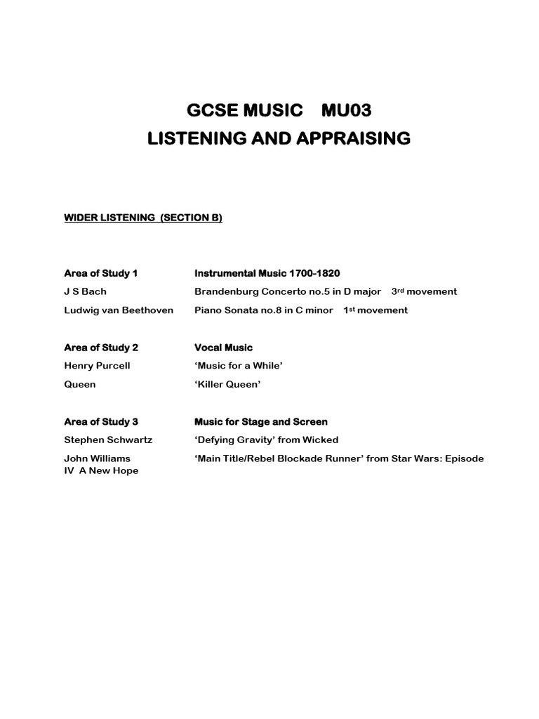 Year 10 GCSE Music Wider Listening Section B Extended Answer Section ...