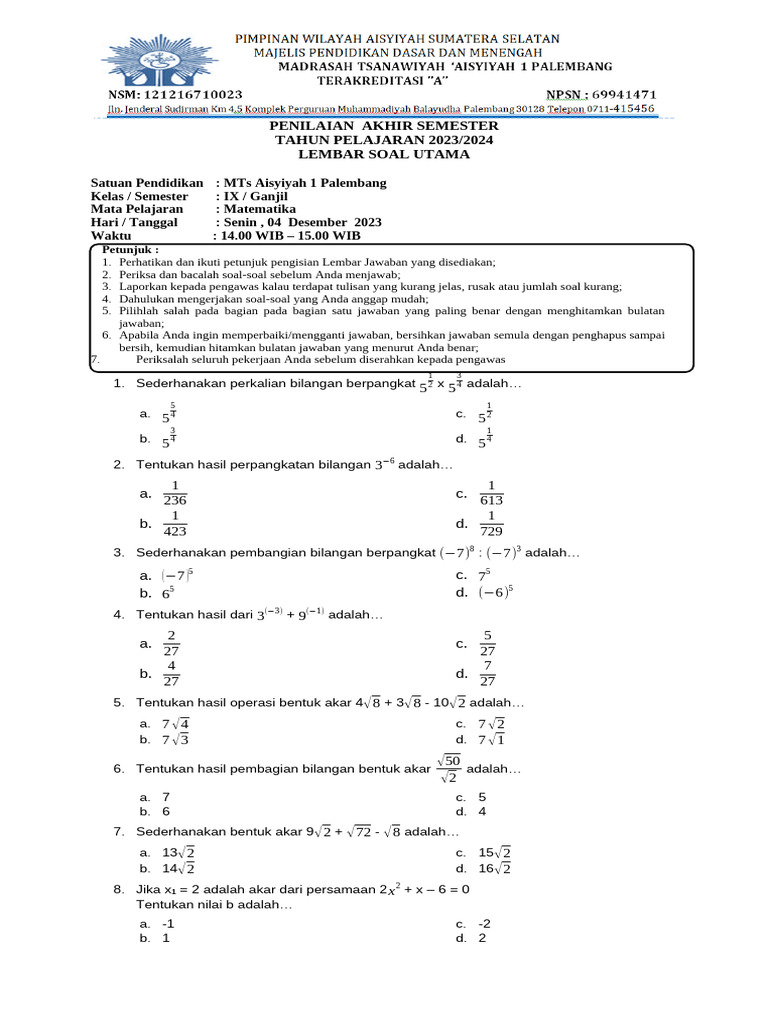 Soal Matematika Kelas 9 | PDF