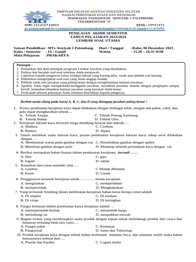 Soal PAS Prakarya Kelas 9 K13 - 23-24 | PDF