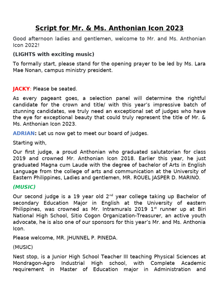 Script For Mr. & Ms. Anthonian Icon | PDF