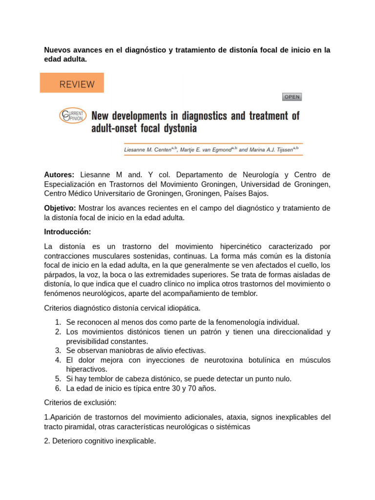 Nuevos Avances en El Diagnóstico y Tratamiento de Distonía Focal de ...