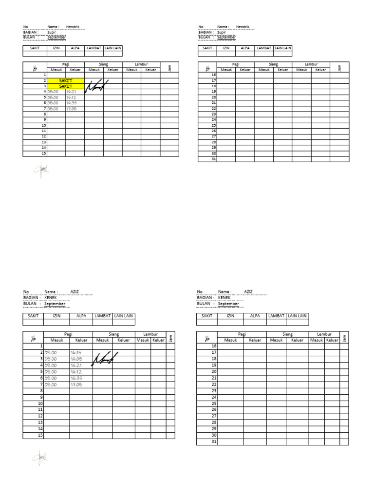 Absensi Supir & Kenek Kramatwatu Per 02-07 September 2024 | PDF Absensi Supir & Kenek Kramatwatu Per 02-07 September 2024 | PDF