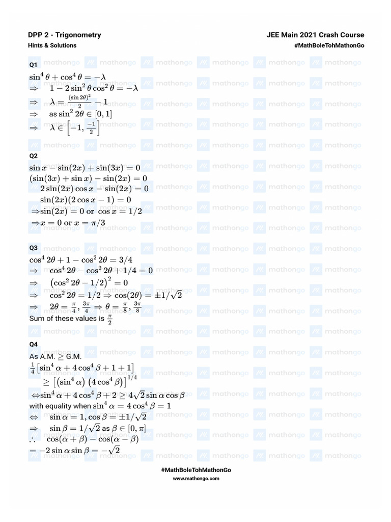 DPP 2 Trigonometry Solution Mathongo | PDF