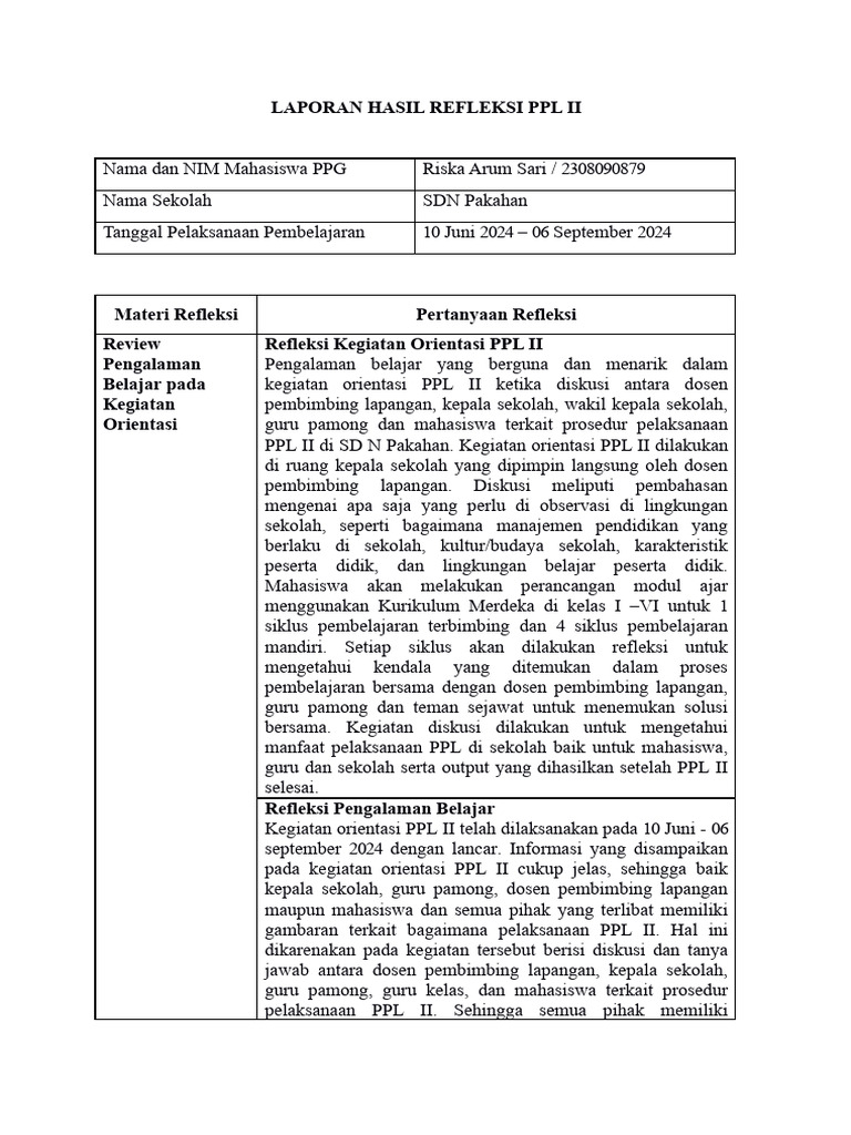 Topik 5 Laporan Hasil Refleksi PPL II - Riska Arum Sari | PDF
